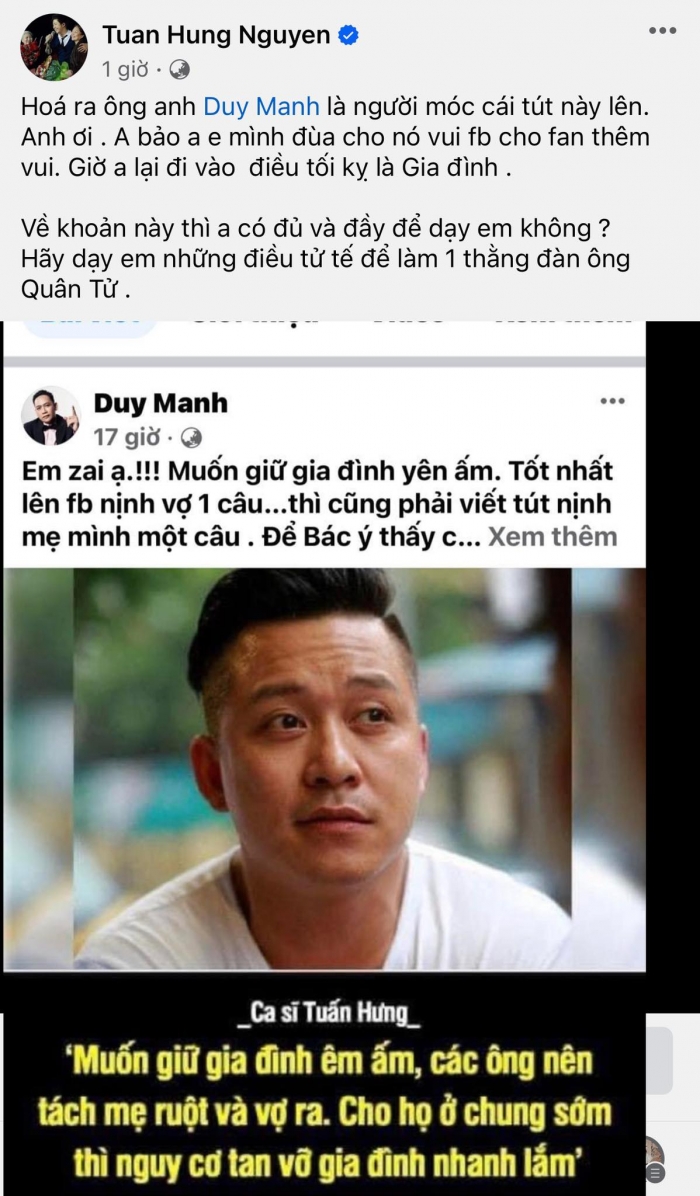 Tuấn Hưng đáp trả thẳng thừng sau khi bị Duy Mạnh công khai dạy cách giữ gia đình yên ấm